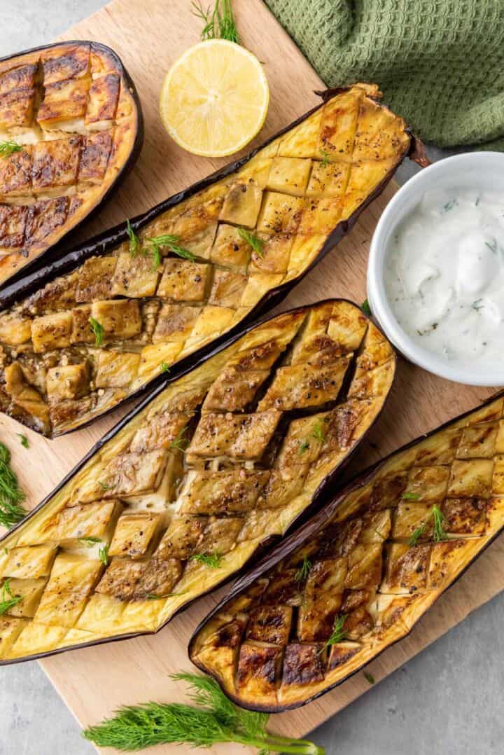 Roasted Eggplant with Yogurt Dill Sauce | Smells Like Delish